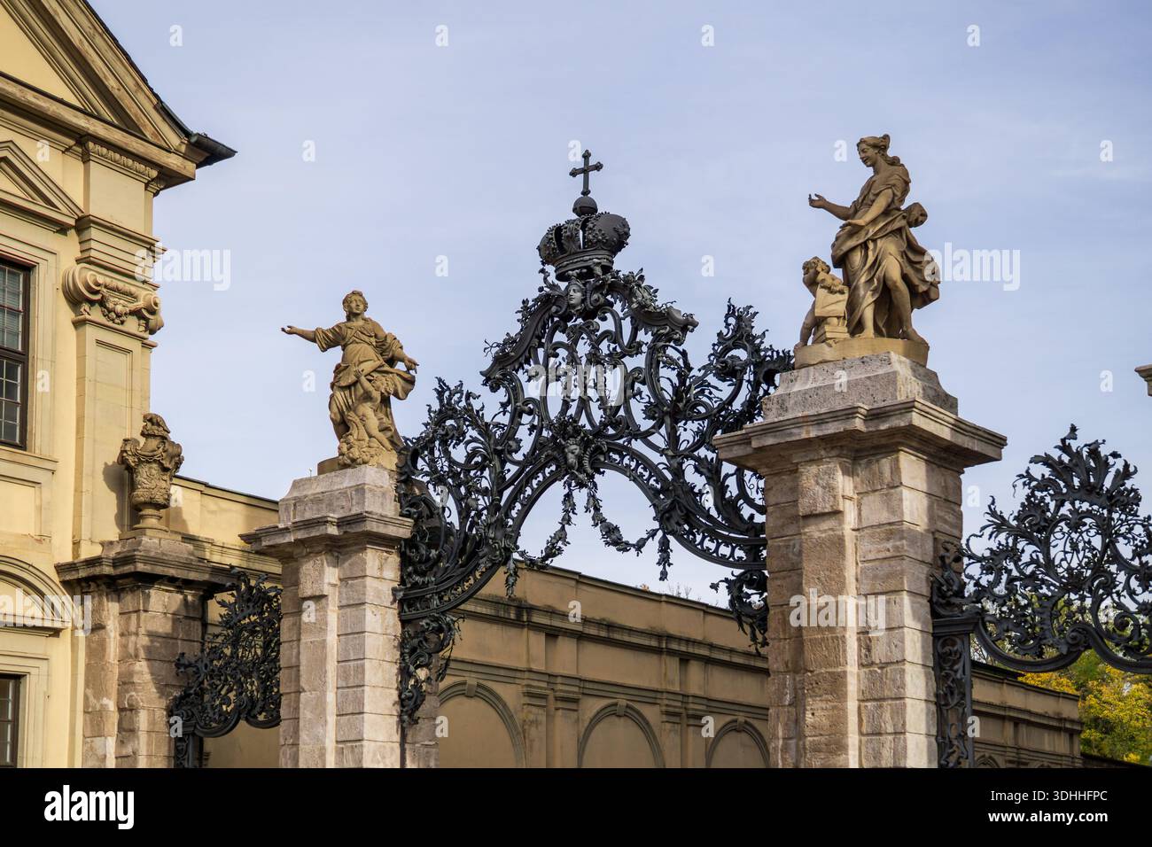 Monumental baroque palace gate with ornate wrought iron arch, royal ...