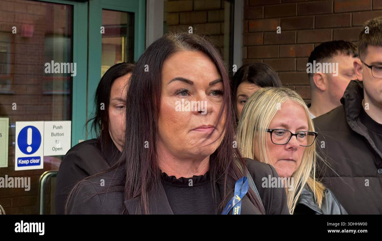 Angela Hector, the niece of Roger Leadbeater, speaks to the media ...