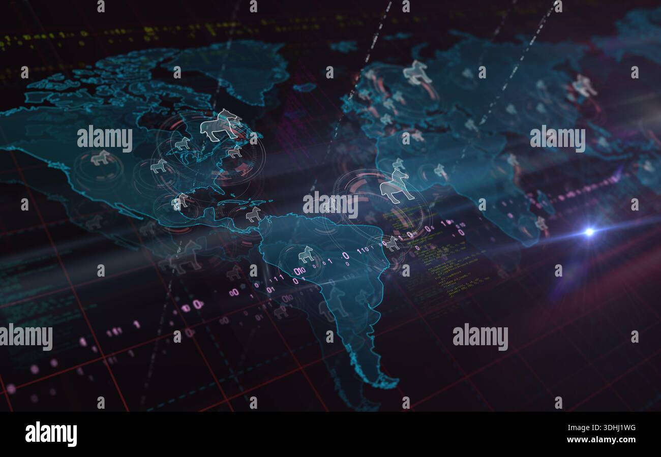Trojan alert cyber attack and computer warning symbols over world map ...