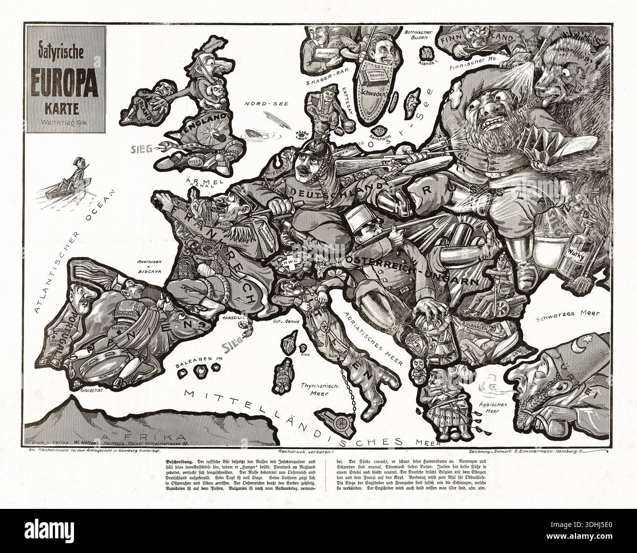 This satirical map of Europe from 1914, designed and drawn by E ...
