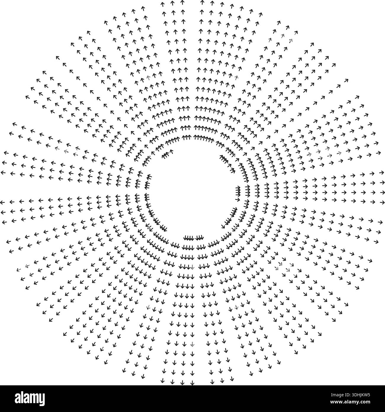 Rays radiate evenly outward from central point forming circular flow ...