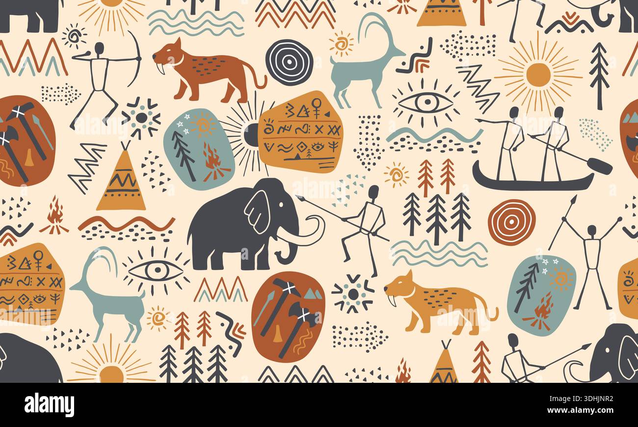 Cave art prehistoric vector seamless pattern illustration Stock Vector ...