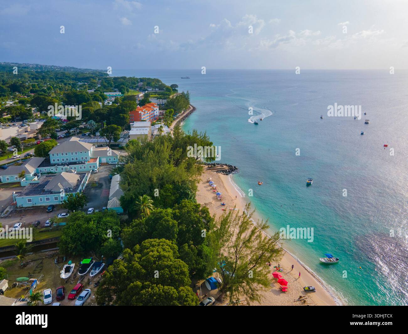 Holetown Beach and coastal resorts aerial view in historic city center ...