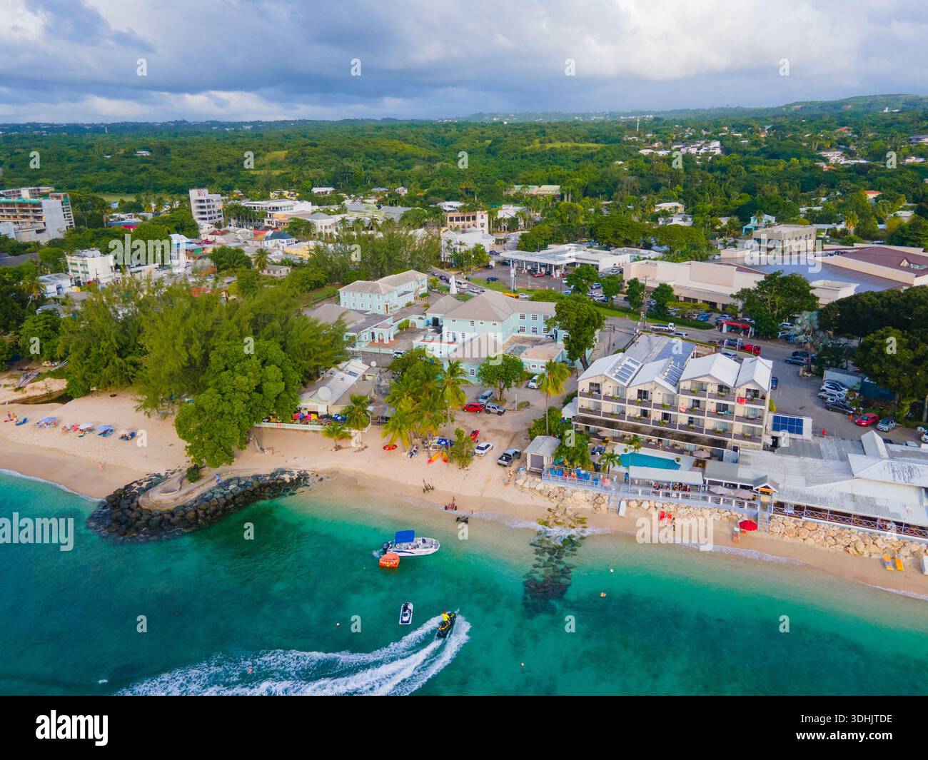 Holetown Beach and coastal resorts aerial view in historic city center ...