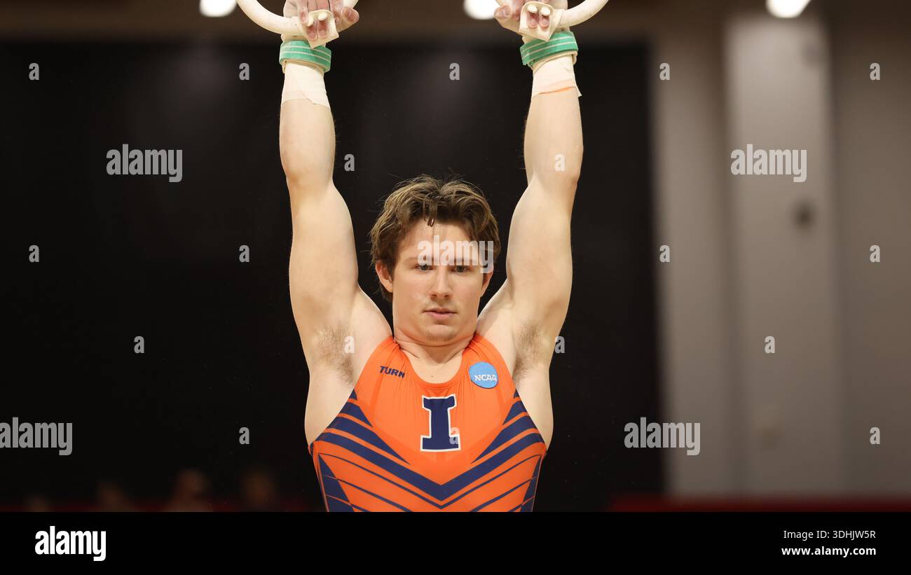 Illinois gymnast Connor Micklos competes during an NCAA gymnastics meet ...