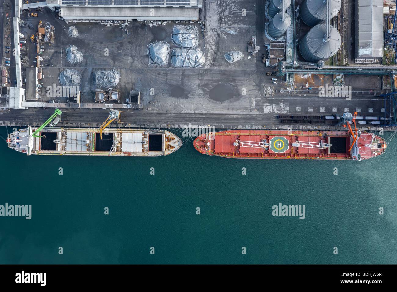 Aerial view to a two cargo ships in the port of Burgas, Bulgaria ...