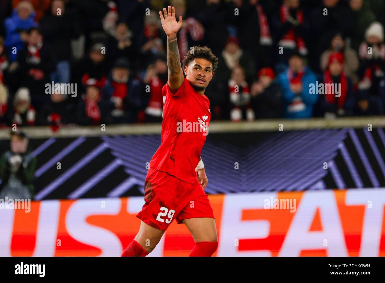 Bergen 20260122. Brann's Noah Holm scores in the UEFA Europa League ...