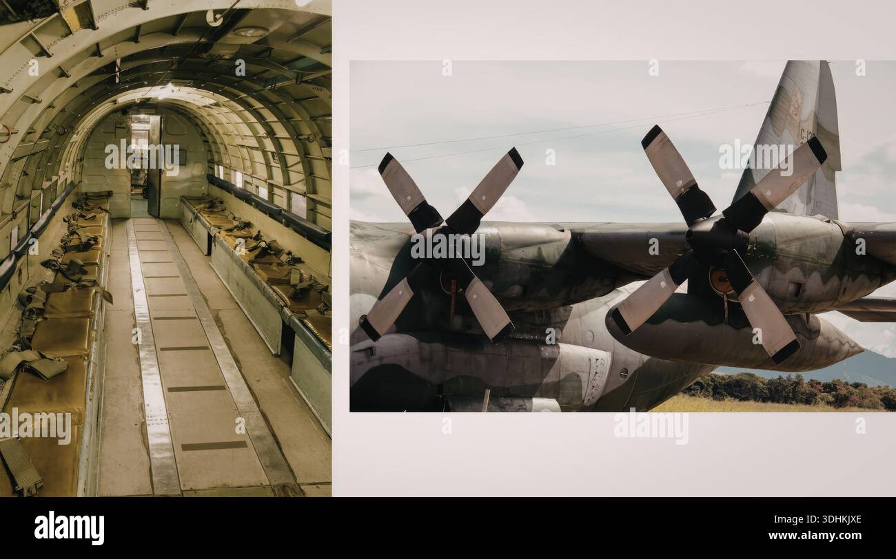 The image shows a close-up view of aircraft propellers inside a hangar ...