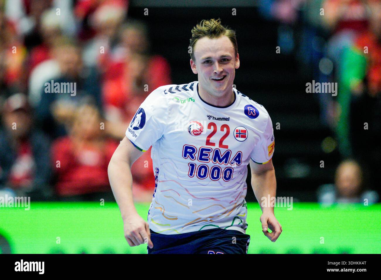 Herning, Denmark 20260122. Norway's Tobias Grøndahl cheers during the ...