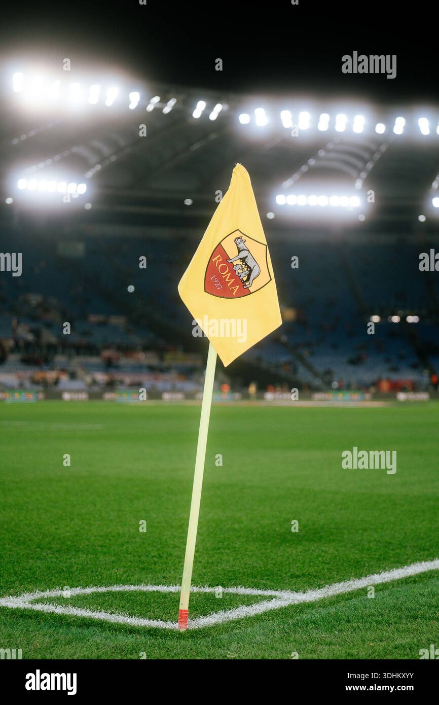 A corner flag with the badge of AS Rom, ITA, AS Rom vs. Stuttgart ...