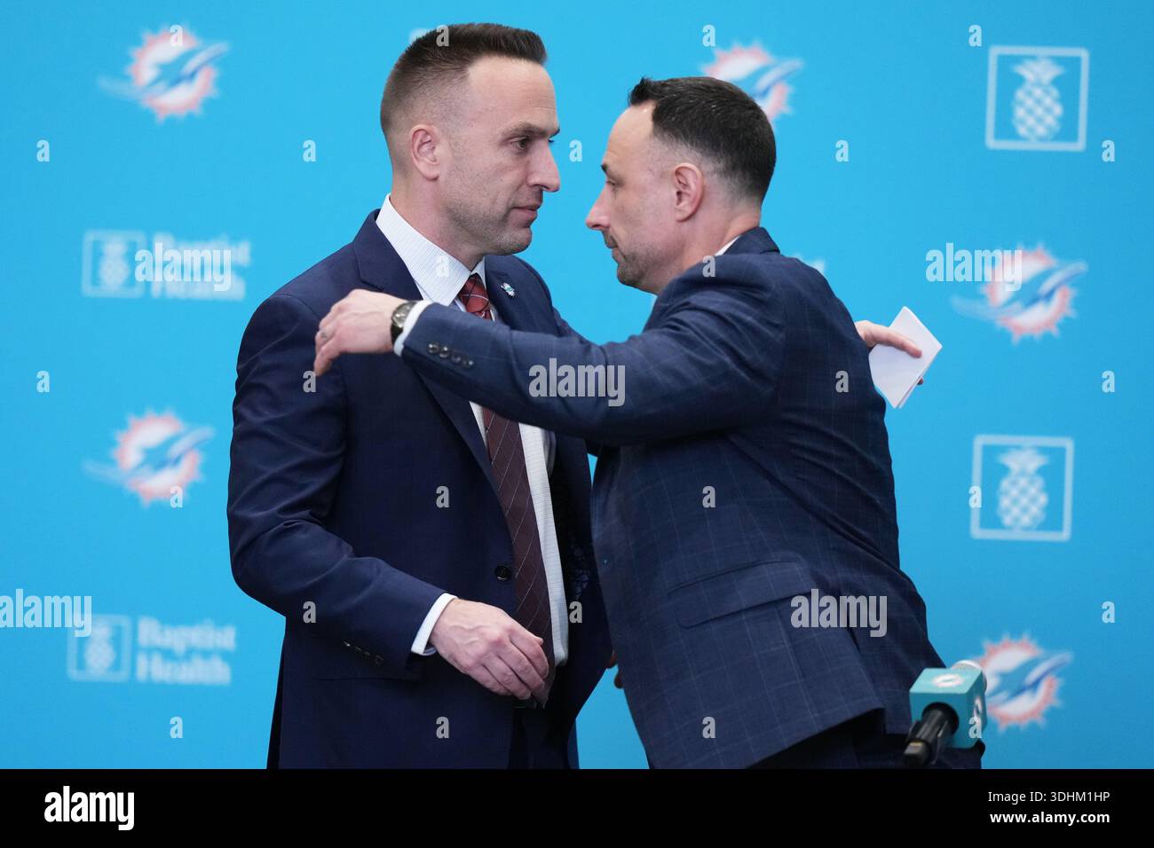 Miami Dolphins head coach Jeff Hafley, left, and general manager Jon ...