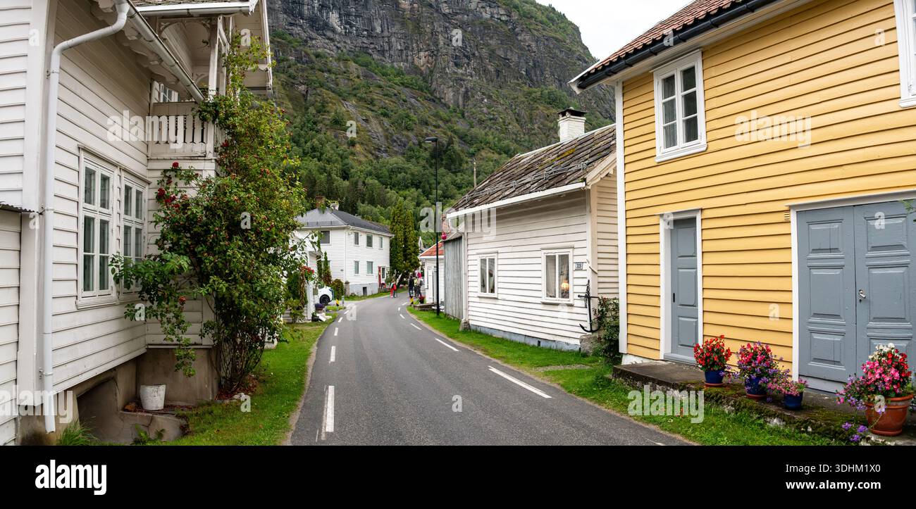 Main street of the little village of Solvorn near Ornes, Norway Stock ...