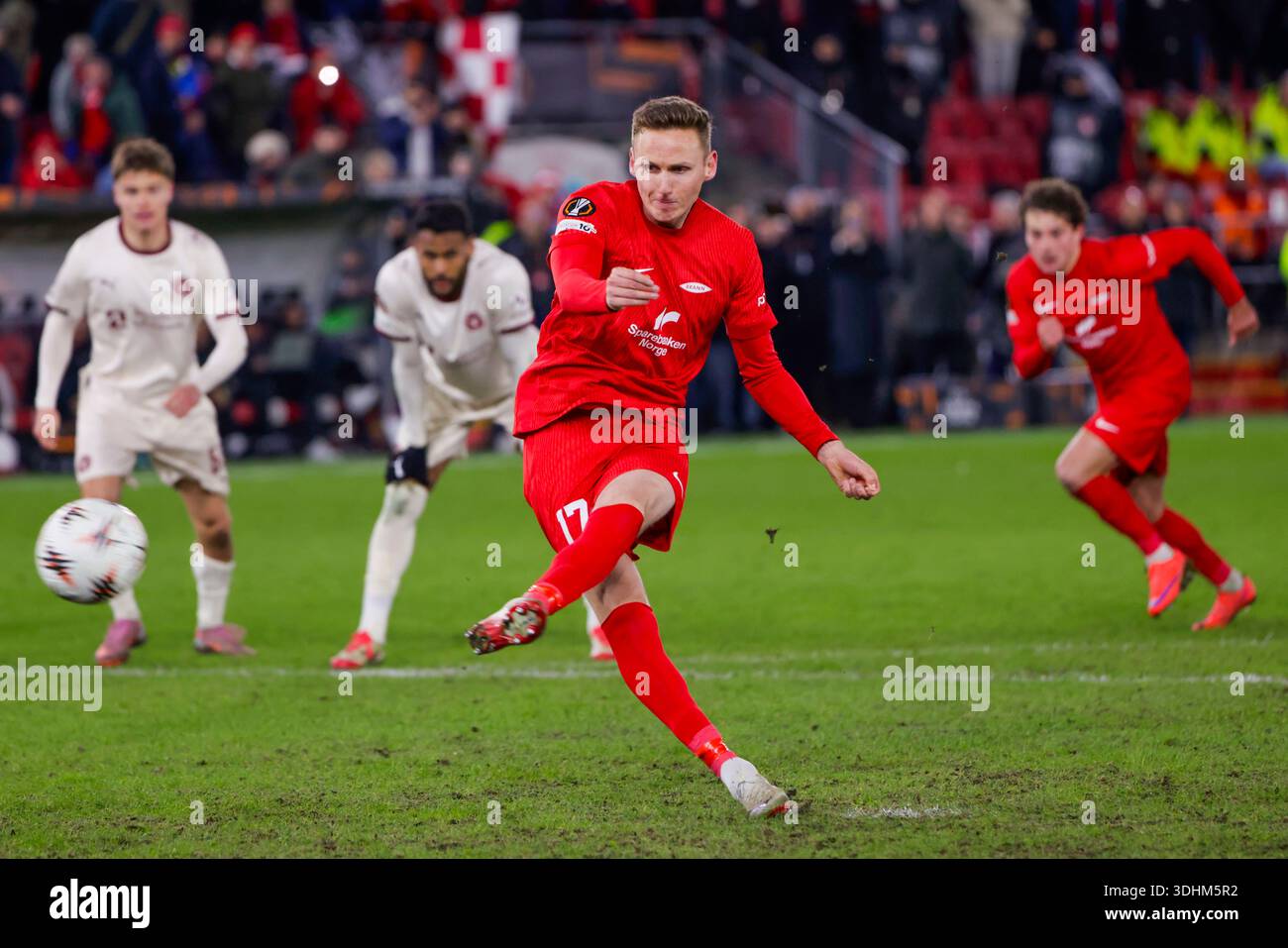 Bergen 20260122. Brann's Joachim Soltvedt scores from a penalty in the ...