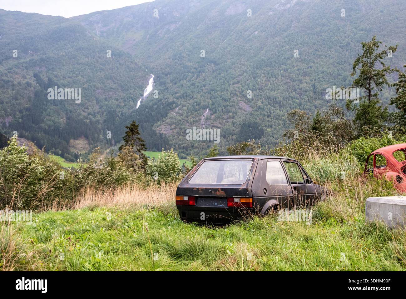 A wrecked old car forgotten in the Scandinavian wilderness Stock Photo ...