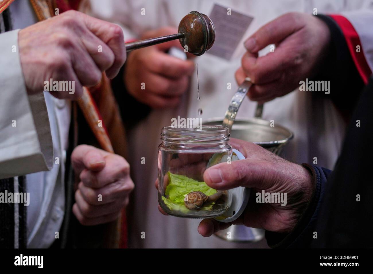 FILE - A priest sprinkles holy water on a pet snail during a blessing ...