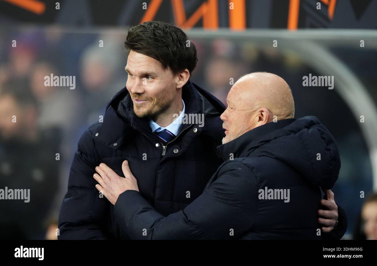 Rangers manager Danny Rohl (left) and Ludogorets manager Per-Mathias ...