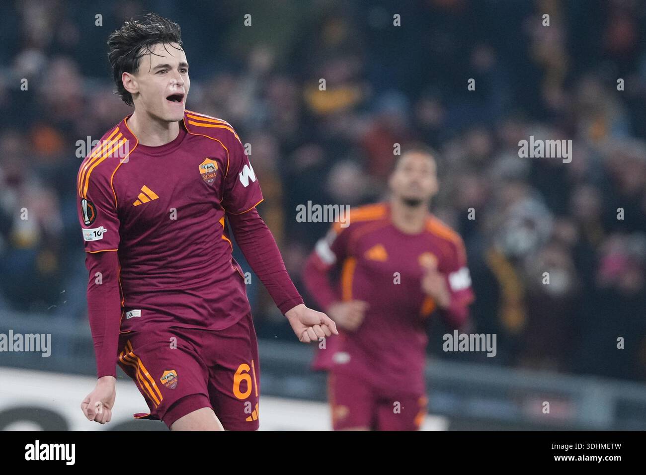 Roma’s Niccolo Pisilli celebrates after scoring during the Uefa Europa ...
