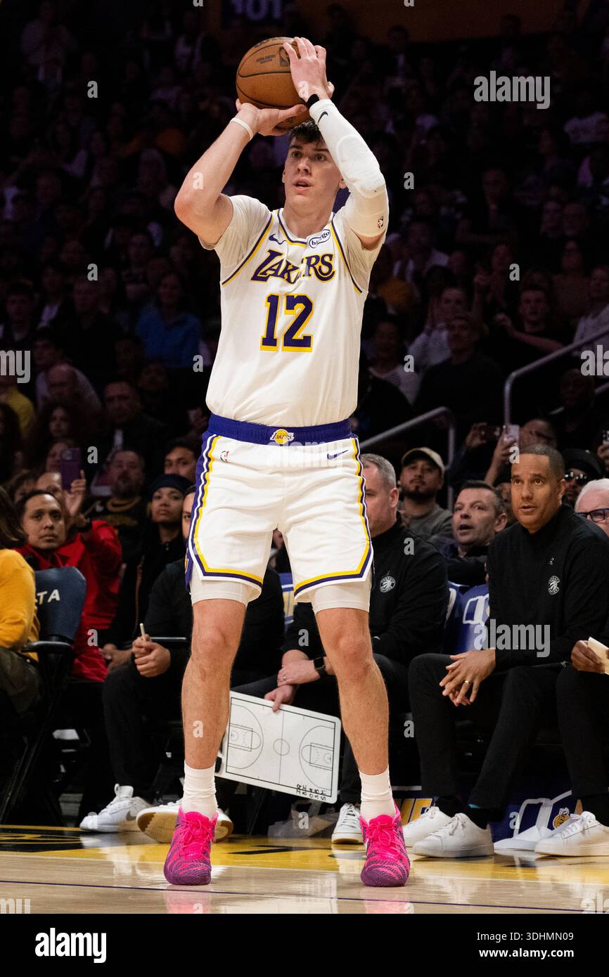 Los Angeles Lakers forward Jake LaRavia (12) shoots during an NBA ...