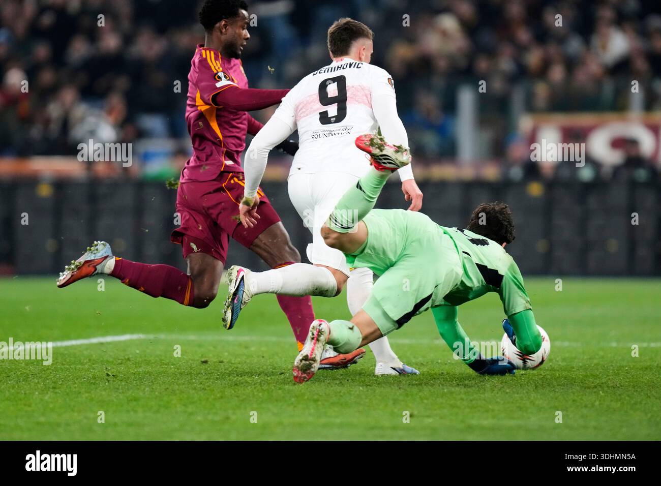 Roma's goalkeeper Mile Svilar makes a save during the Europa League ...