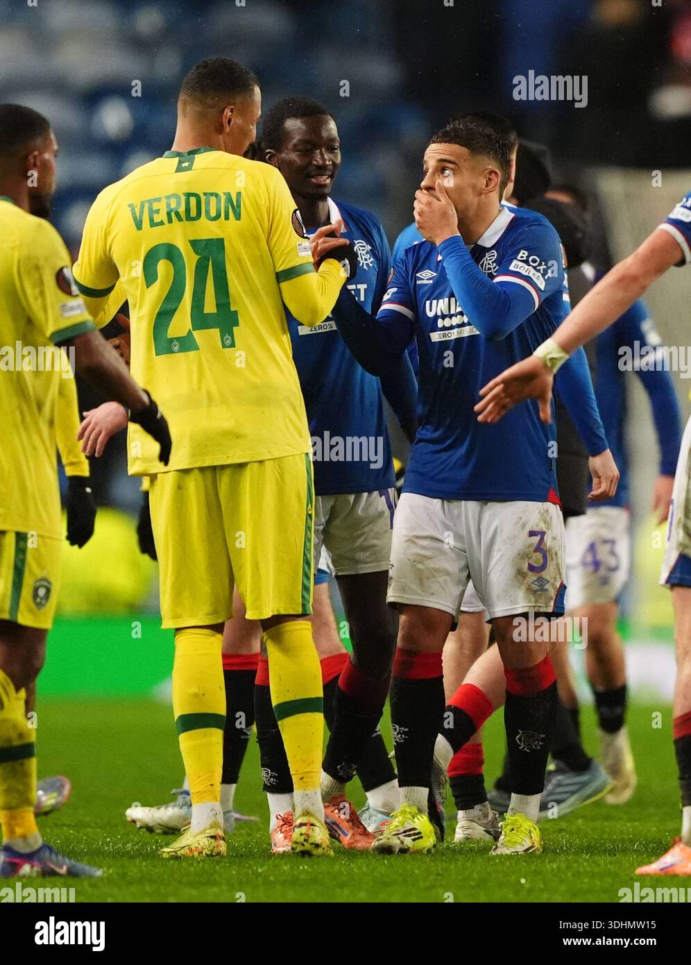 Ludogorets' Olivier Verdon shakes hands with Rangers' Max Aarons after ...