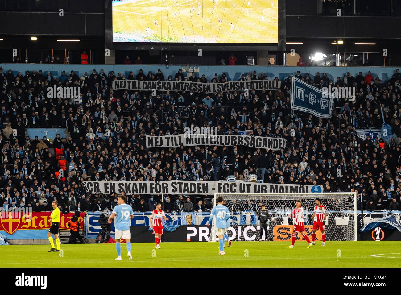 Malmo, Sweden. 22nd Jan, 2026. Fans of Malmo FF with a banner towards ...