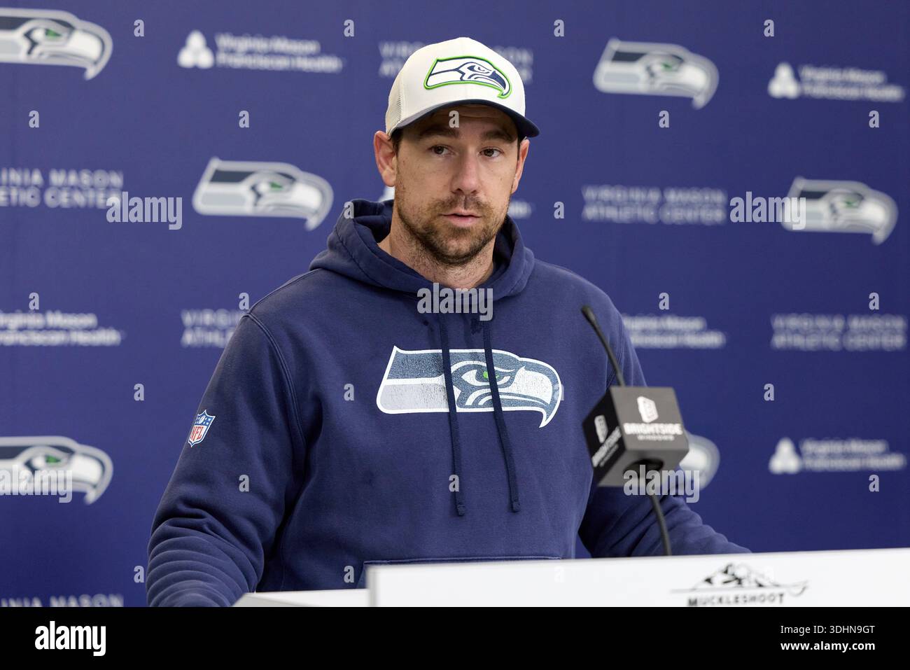 Seattle Seahawks offensive coordinator Klint Kubiak speaks during news ...
