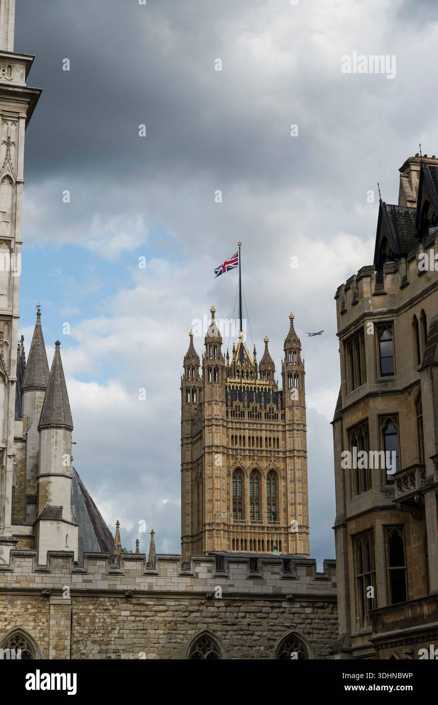 Victoria Tower rises above the Palace of Westminster in London, UK ...