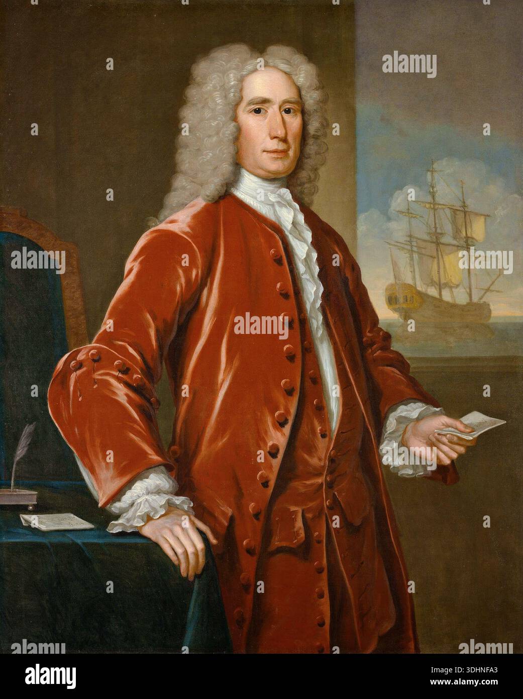 Richard Bill by John Smibert, 1733, standing male figure in a red coat ...