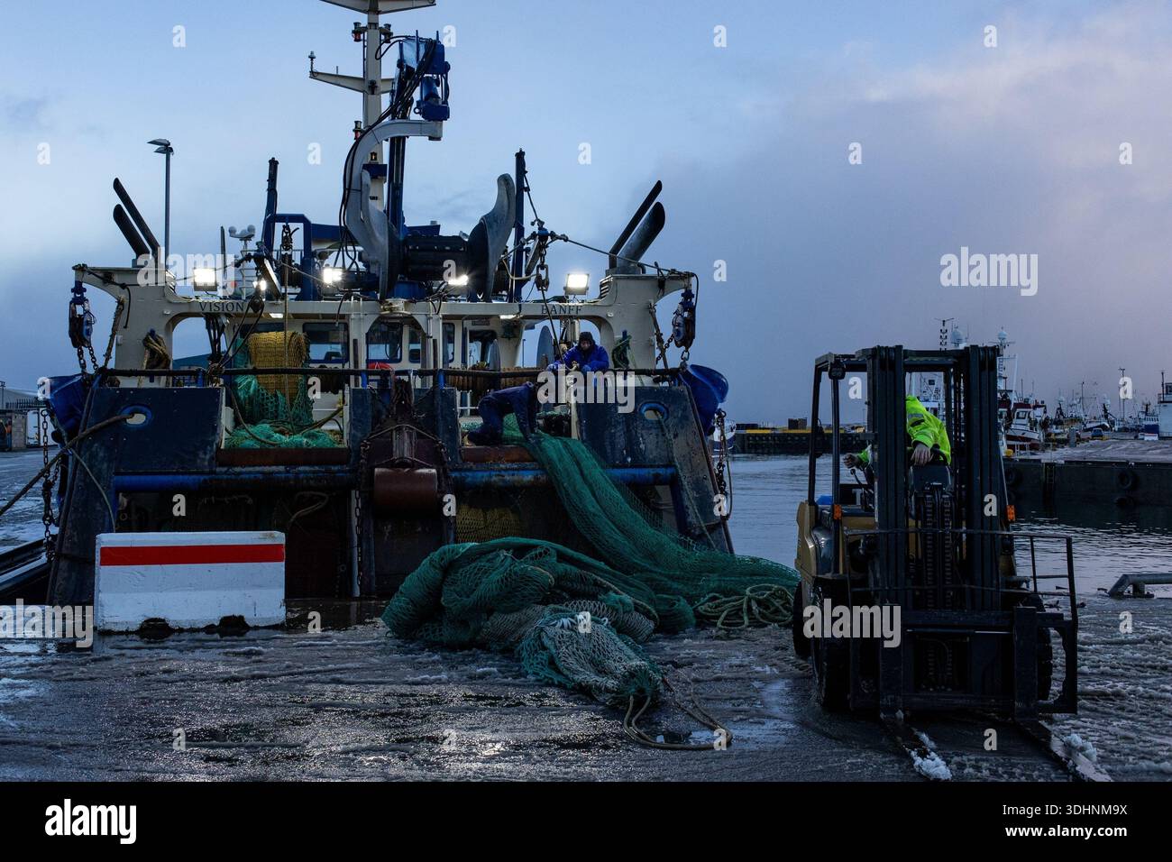 Fisherman work on a boat in the North Sea on Jan. 5, 2026, in ...