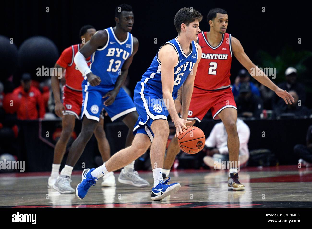 BYU guard Aleksej Kostić (6) controls the ball against Dayton during ...