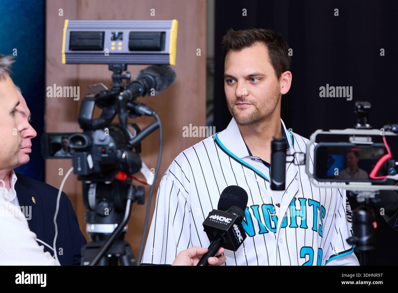 Chad Pinder answers questions from the media as he is introduced as the ...