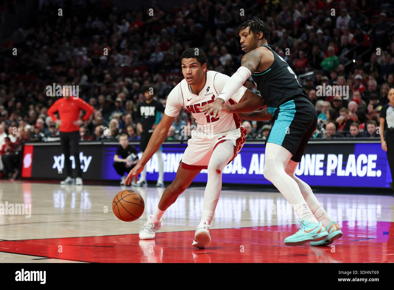 Miami Heat guard Dru Smith (12) dribbles as Portland Trail Blazers ...