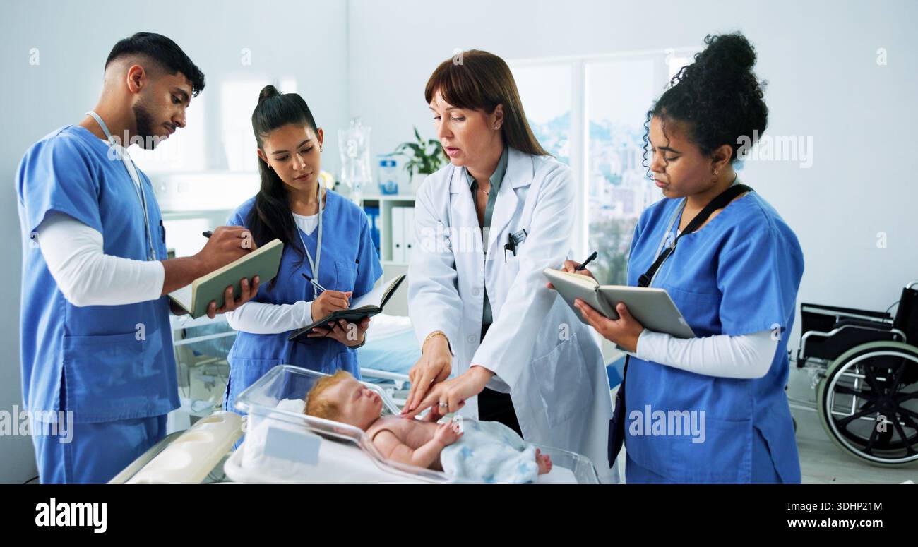 Doctor, nurses and baby CPR on mannequin for medical simulation ...