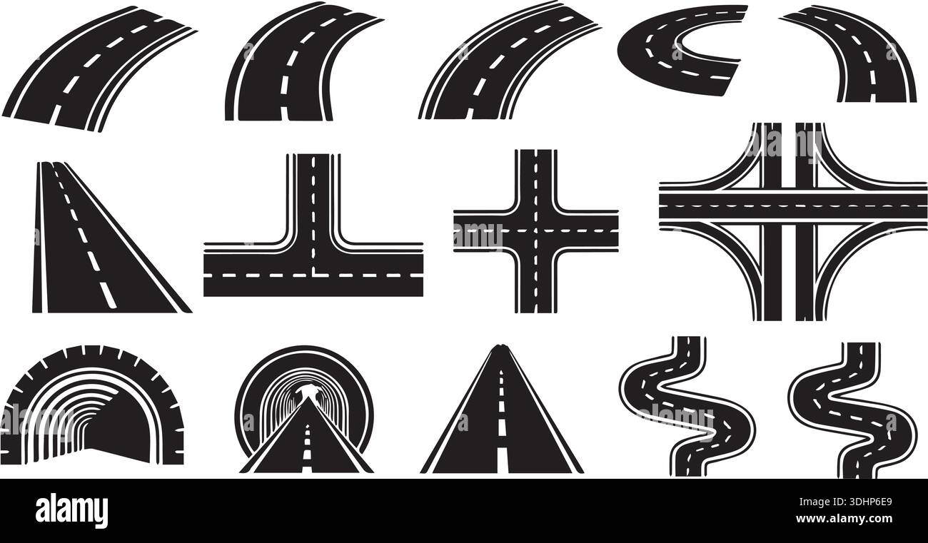 Vector illustrations of road segments, intersections, and tunnels. Key ...