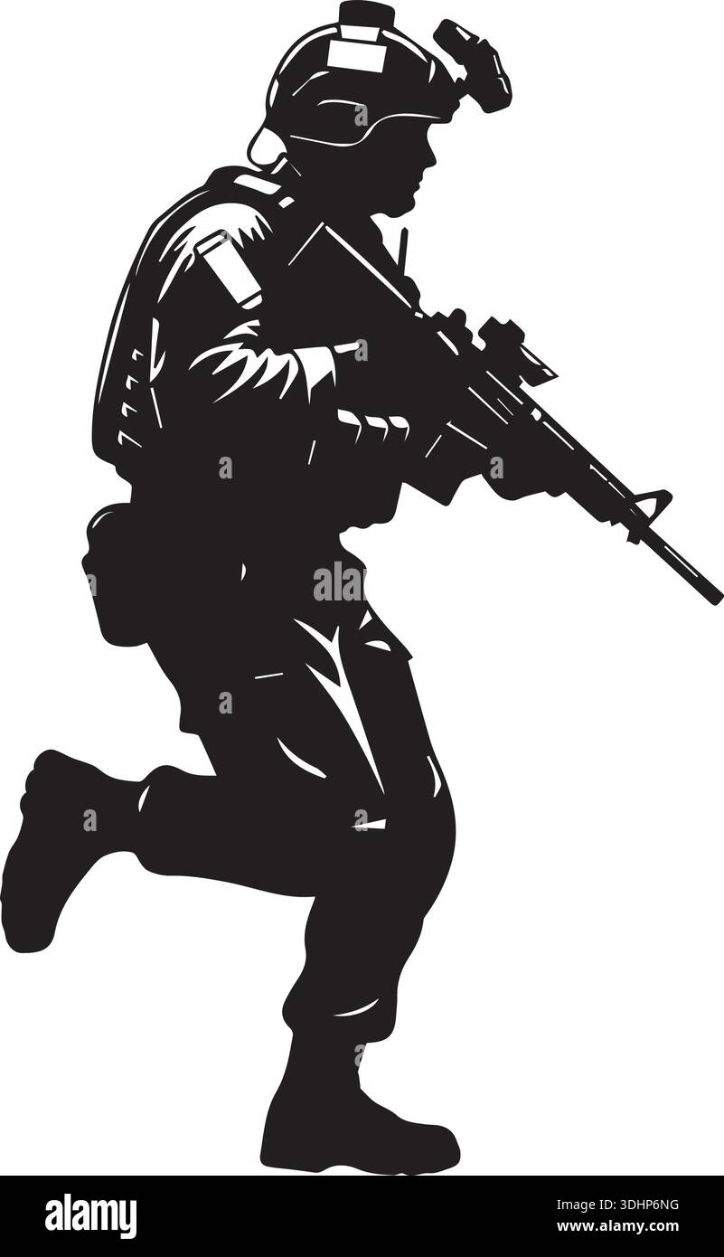 Dynamic silhouette illustration of an armed forces member in tactical ...