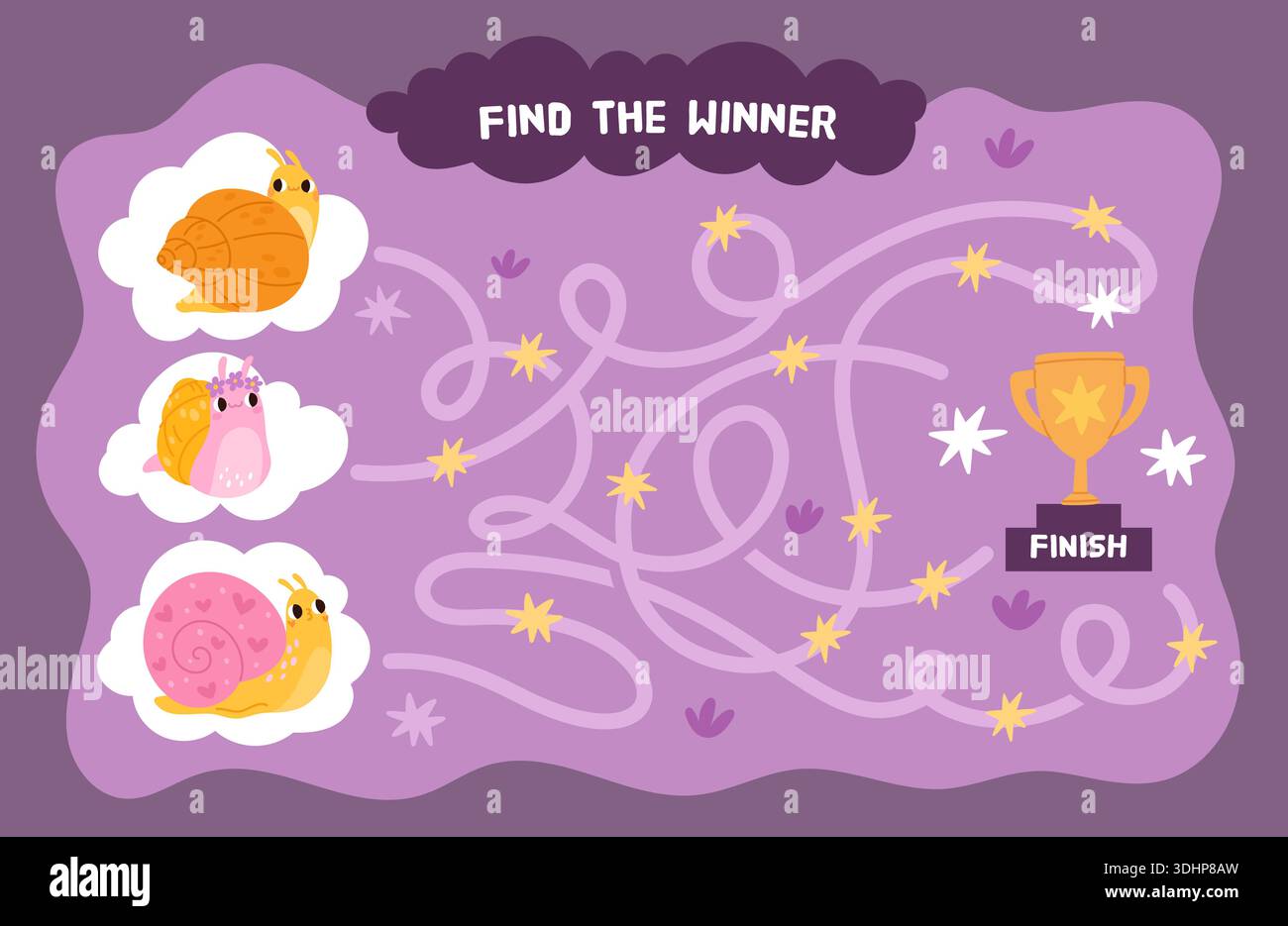 Snail maze game design. Slugs with shells race through labyrinth, funny ...