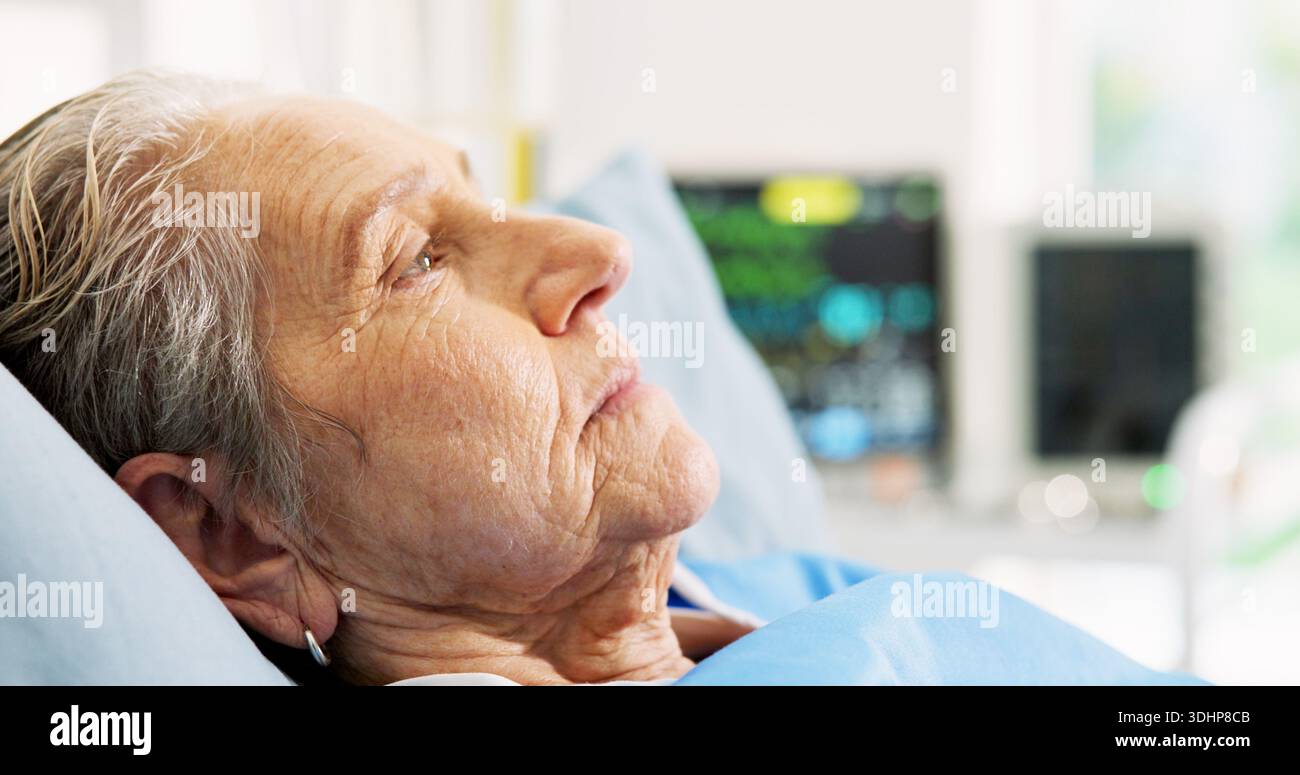 Thinking, sad and elderly woman in hospital bed for healing, recovery ...