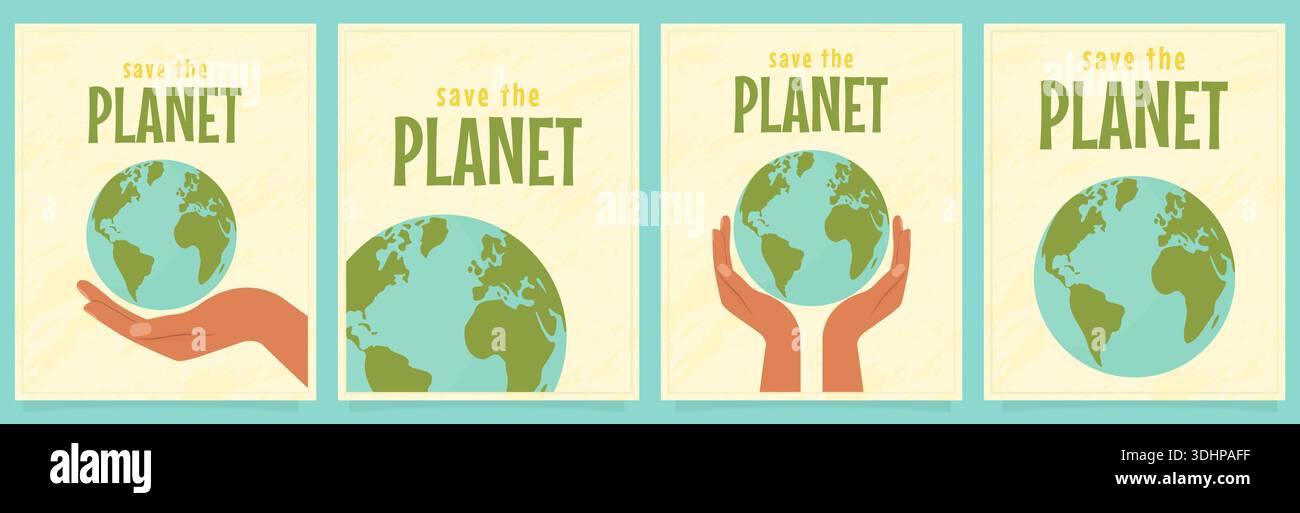 Save the planet poster set with hands holding earth globe for ecology ...