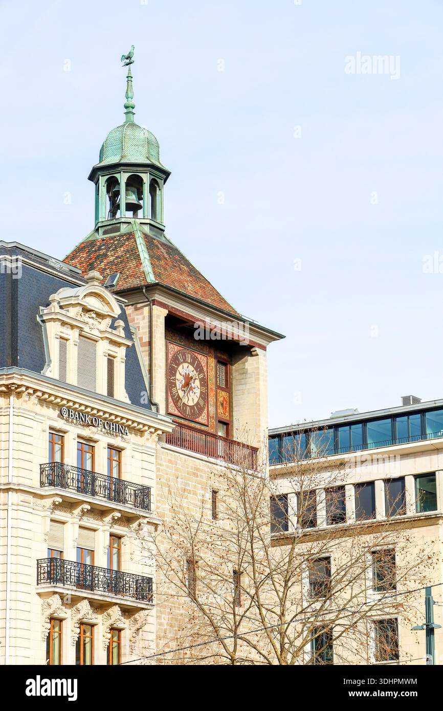 Historic Geneva Clock Tower And Classical Architecture Stock Photo - Alamy