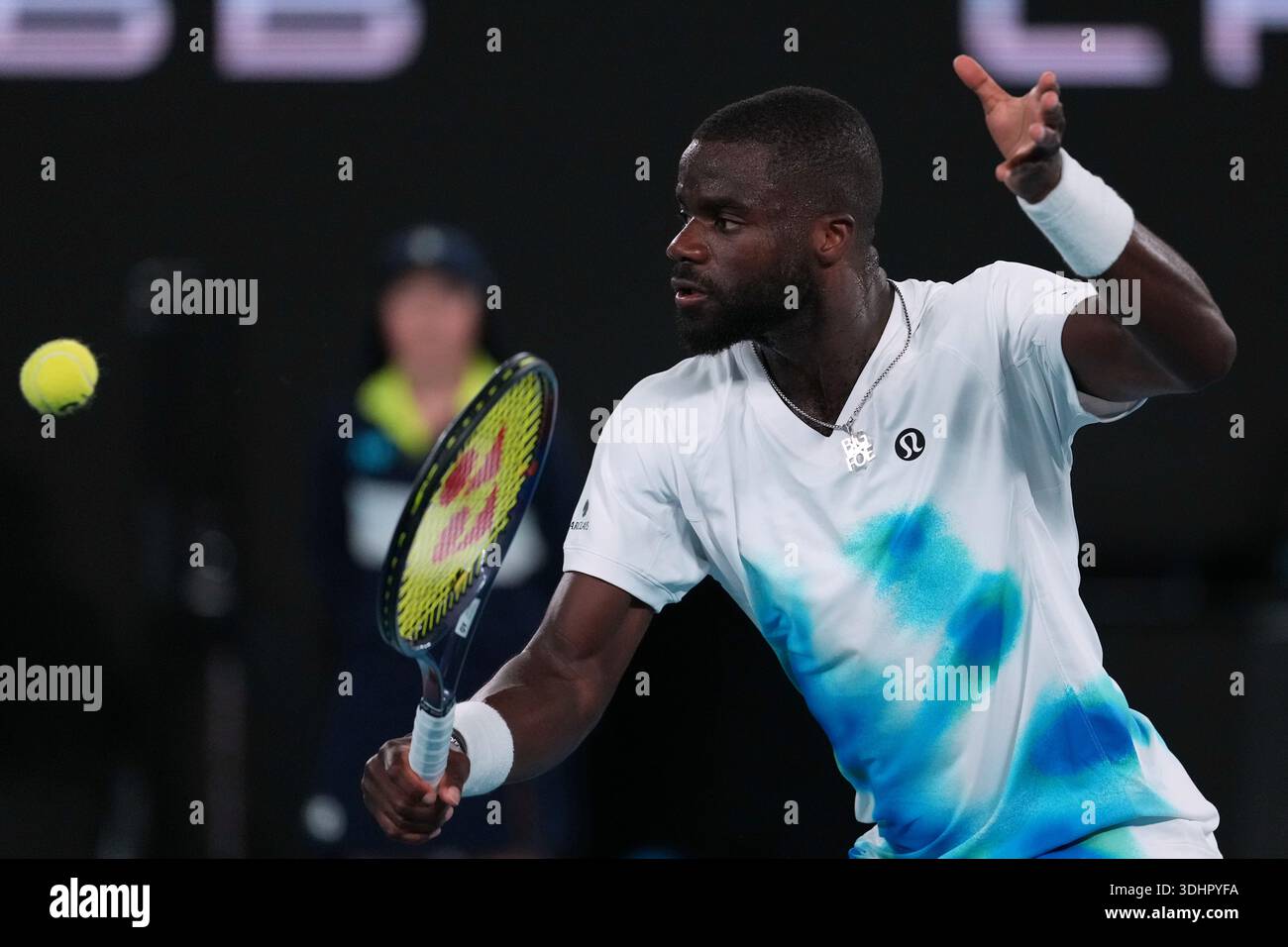 Frances Tiafoe of the U.S. plays a backhand return to Alex de Minaur of ...