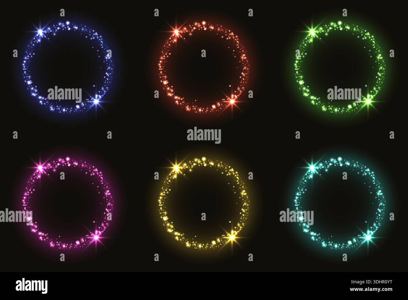 set of glowing glitter circles with neon sparkle light effects on black ...