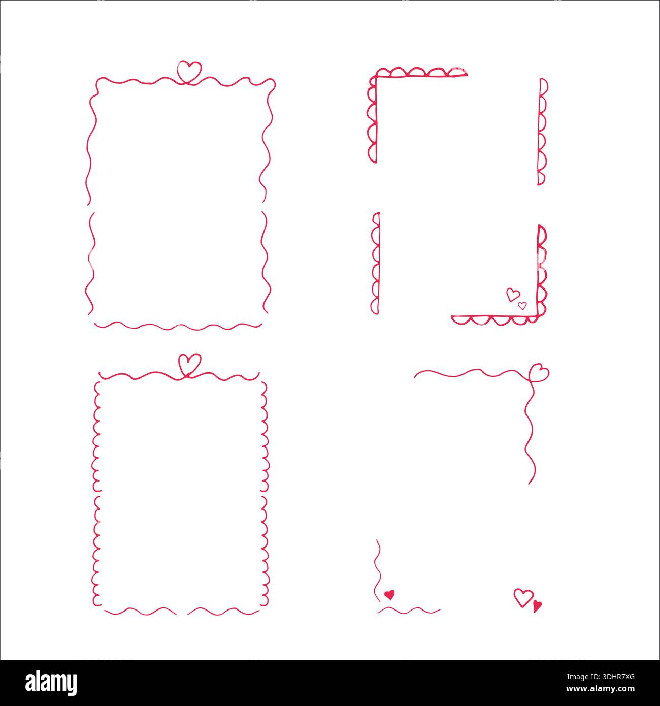 Set of hand-drawn Valentines Day frames with hearts and romantic lines ...