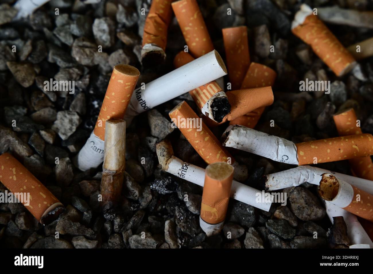 Several cigarettes seen in a concrete ashtray at the Alpe d'Huez ski ...