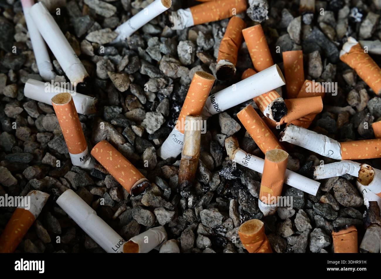 Several cigarettes seen in a concrete ashtray at the Alpe d'Huez ski ...