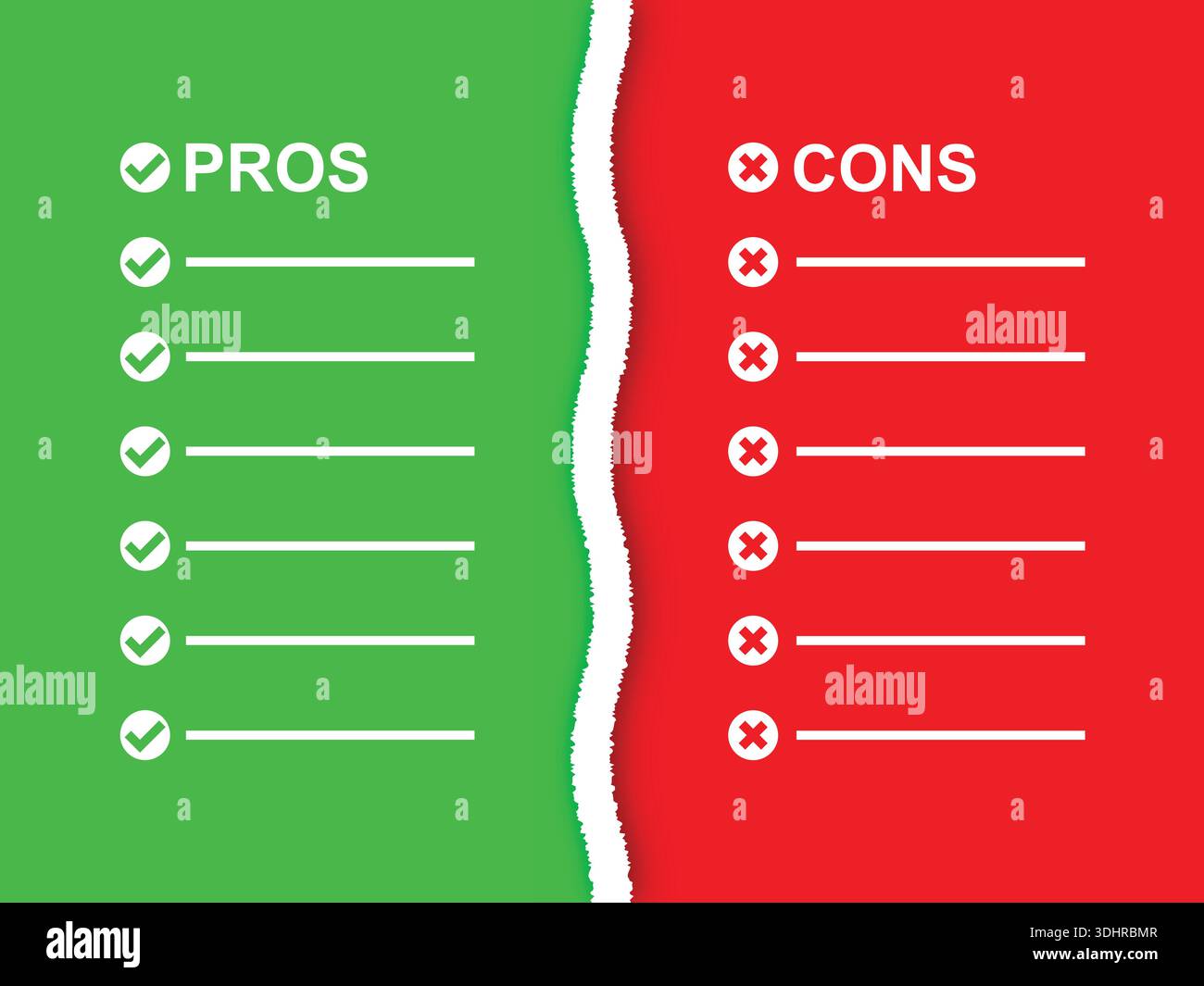 Pros and Cons Comparison List with Green and Red Backgrounds and Torn ...