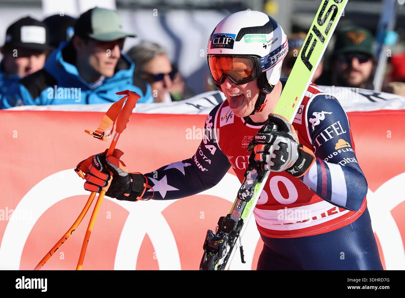 United States' Sam Morse reacts at finish line during a men's World Cup ...