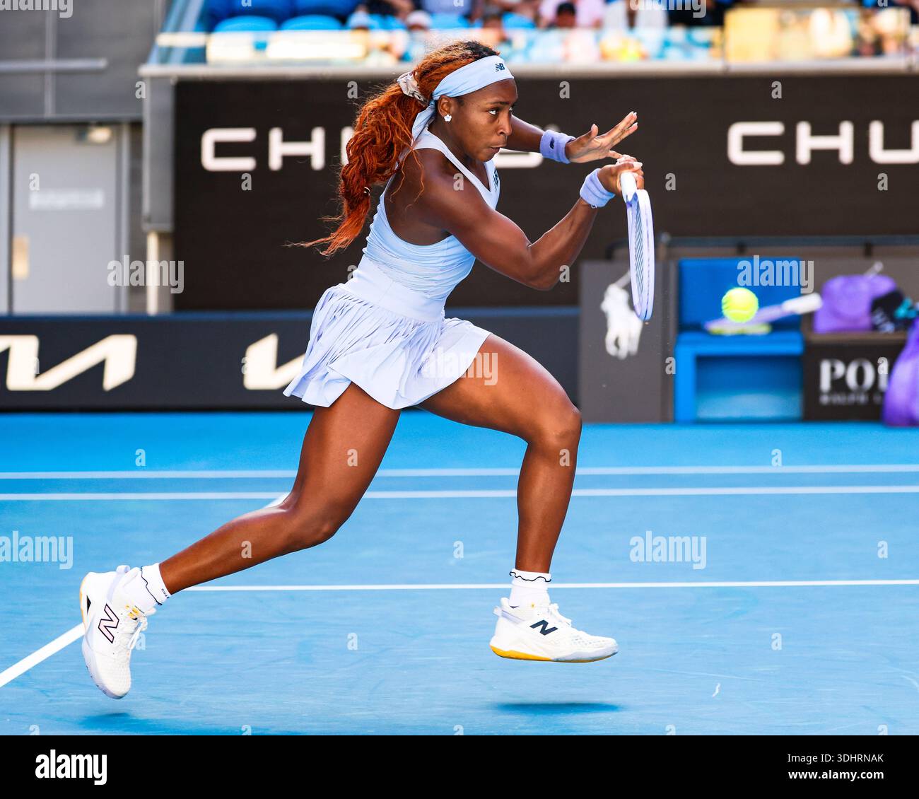 Melbourne, Australia. 23rd Jan, 2026. Coco Gauff (USA) is in action at ...