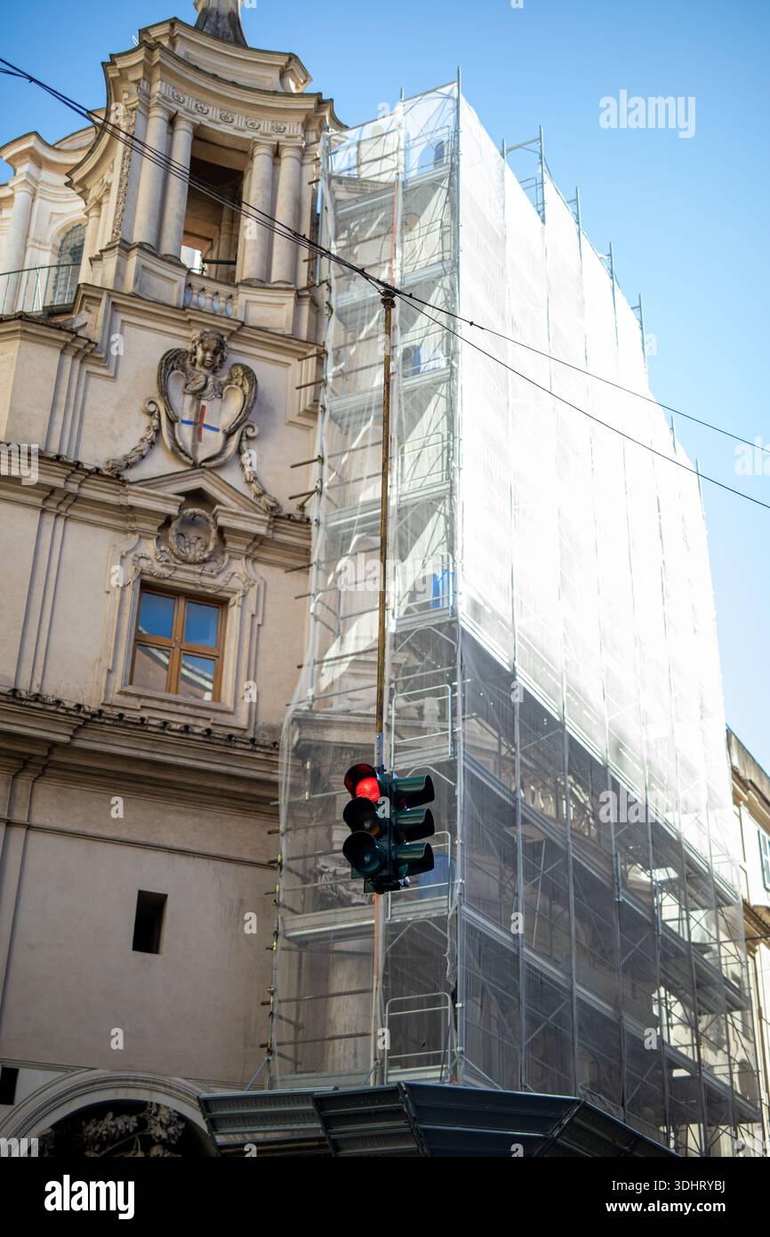 Historic building under restoration with scaffolding and ornate ...