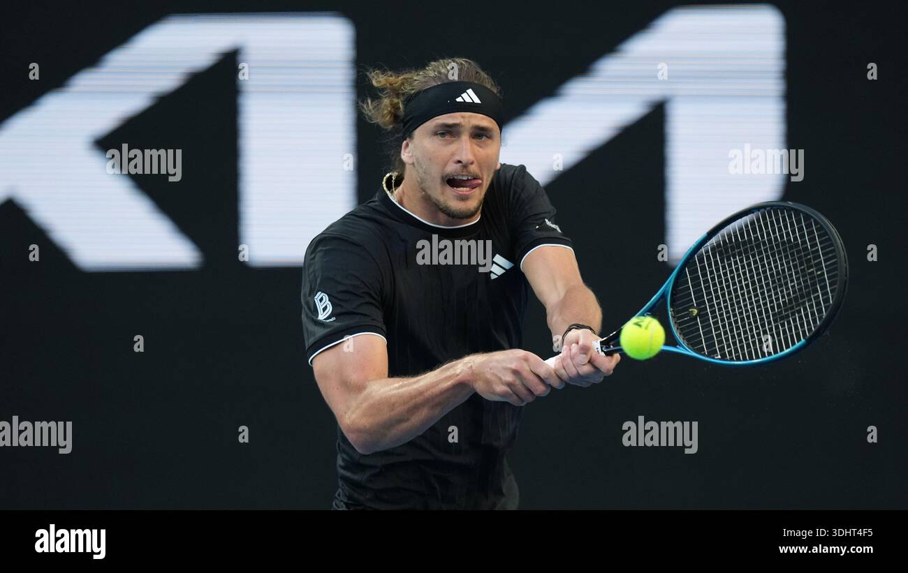 Alexander Zverev of Germany plays a backhand return to Cameron Norrie ...