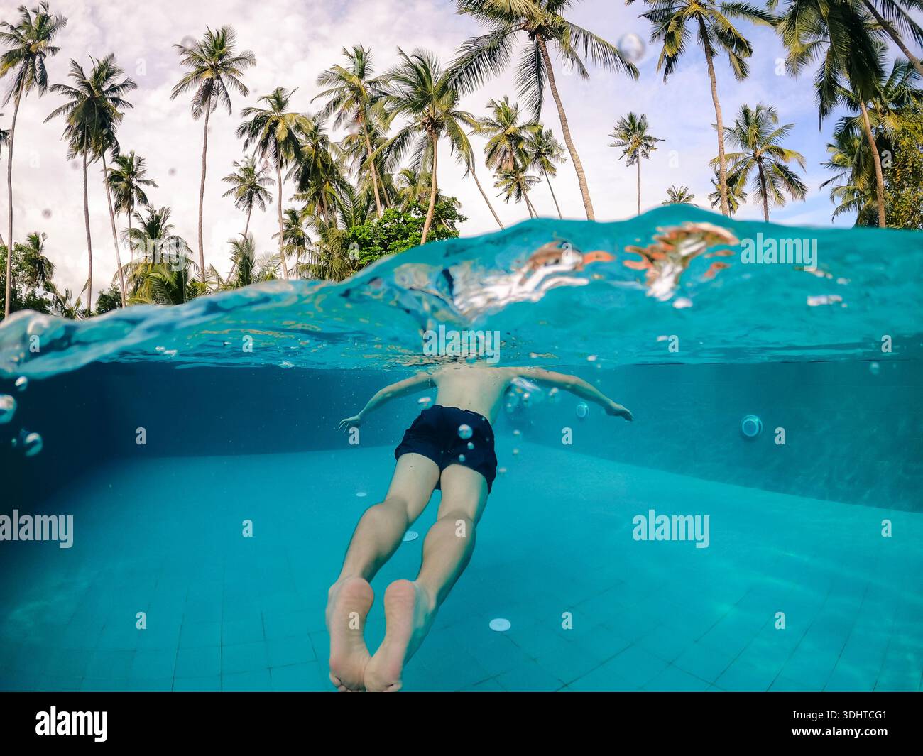 Man swimming underwater in resort pool with split level view showing ...
